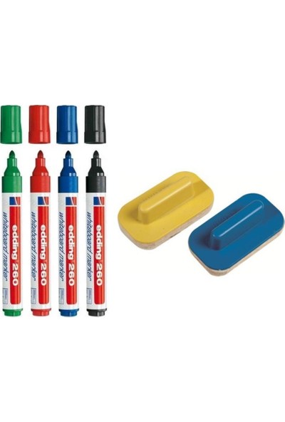 Edding 260 Silinebilir Yazı Tahtası Kalemi 4'lü + 2'li Tahta Silgisi