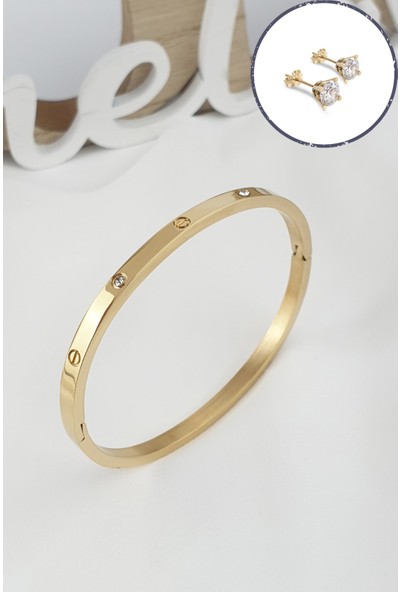 ÇLK Accessories Çelik Kelepçe Taşlı İnce Bileklik - Zirkon Taşlı Küpe