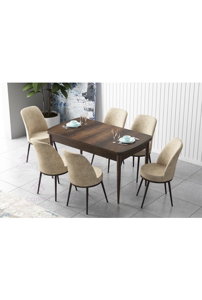 Canisa Concept Zen Serisi Mdf Barok Ahşap Desenli Açılabilir Mutfak Masa Takımı + 6 Sandalye