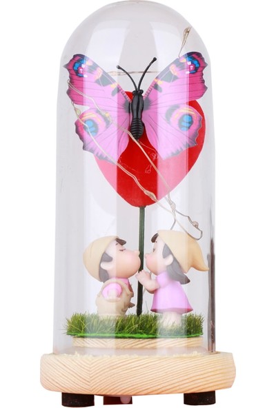 Sağlam Işıklı Kalpli Kelebek Cocuk Figürlü Özel Cam Fanus