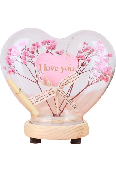Sağlam Dekoratif Işıklı Kalpli Çiçekli Fanus