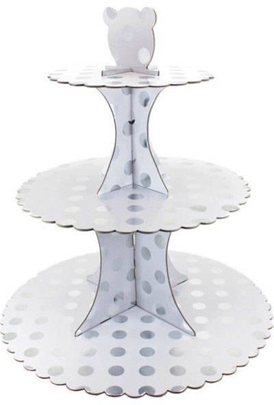 Festivall Kek Standı Beyaz Zemin Gümüş Puantiyeli