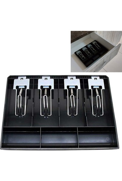 Saypos Plastik Çekmece Içi Para Düzenleyici 4 Banknot Bölmeli Para Çekmecesi Içi Siyah 32,5 x 24,5 x 3,5 cm
