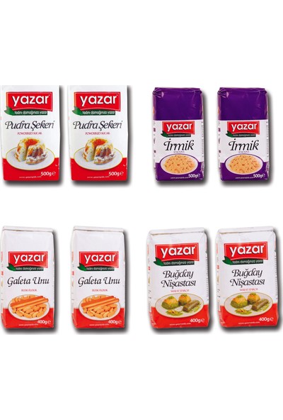 Yazar 2'li 500 gr Pudra Şekeri + 2'li 500 gr İrmik + 2'li 400 gr Galeta Unu + 2'li 400 gr Buğday Nişastası