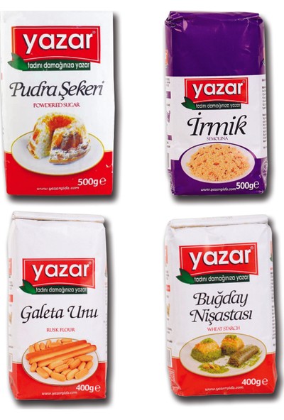 Yazar 500 gr Pudra Şekeri + 500 gr İrmik + 400 gr Galeta Unu + 400 gr Buğday Nişastası Yazar 500 gr Pudra Şekeri + 500 gr İrmik + 400 gr Galeta Unu + 400 gr Buğday Nişastası
