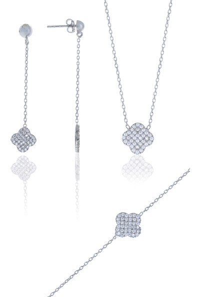 Midyat Nurtaş Gümüş Yonca Tasarım Zirkon Taşlı Gümüş Üçlü Set