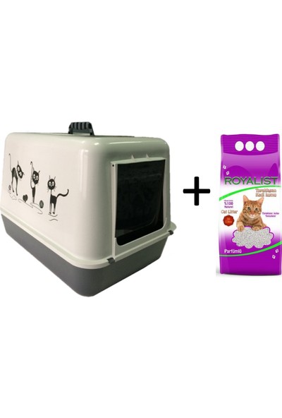 Çiftsan Kedi Kapalı Tuvalet Kabı Beyaz + Bentonit Parfümlü Kedi Kumu 10 lt