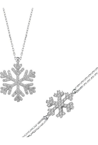 Enes Store 925 Ayar Gümüş Kar Tanesi Kadın Kolye Bileklik Set