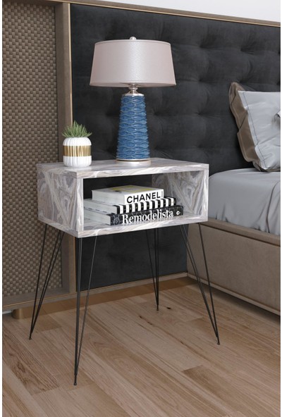 Remaks Elit Metal Ayaklı Komodin - Beyaz Mermer