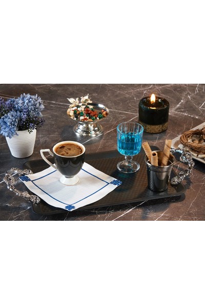 Caka Home 6'lı Kokteyl Peçetesi Nakışlı Keten Efektlı Lacivert