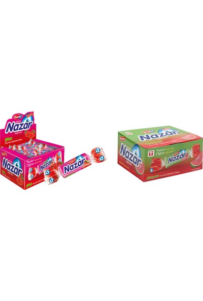 Nazar Çilek Aromalı Sakız 1,5 gr x 100'lü + Karpuz Aromalı Sakız 1,5 gr x 100'lü Nazar Çilek Aromalı Sakız 1,5 gr x 100'lü + Karpuz Aromalı Sakız 1,5 gr x 100'lü