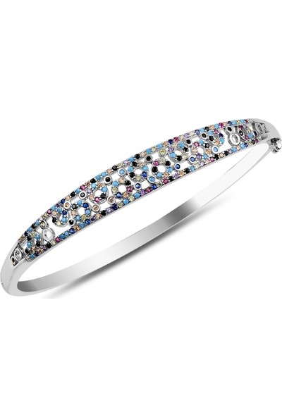 Gümüş Takı Dünyası Rodyum Kaplama Karışık Renk Zirkon Taşlı Gümüş Bilezik