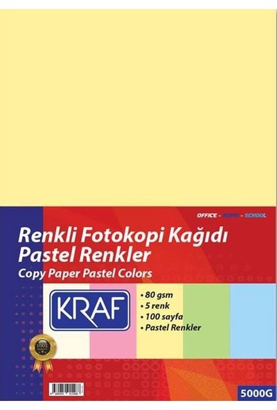 Kraf Fotokopi Kağıdı Pastel 5 Renk 100'lü