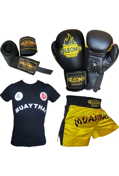 Leon Blade Boks Eldiveni, Muay Thai Şortu, Tişört ve Bandaj Seti Sarı 4p Leon Blade Boks Eldiveni, Muay Thai Şortu, Tişört ve Bandaj Seti Sarı 4p