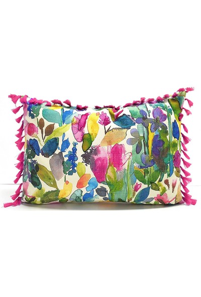 Dekorinyo Sulu Boya Çiçek Fuşya Püsküllü Dikdörtgen Kırlent Kılıfı 35 x 50 cm Dekorinyo Sulu Boya Çiçek Fuşya Püsküllü Dikdörtgen Kırlent Kılıfı 35 x 50 cm