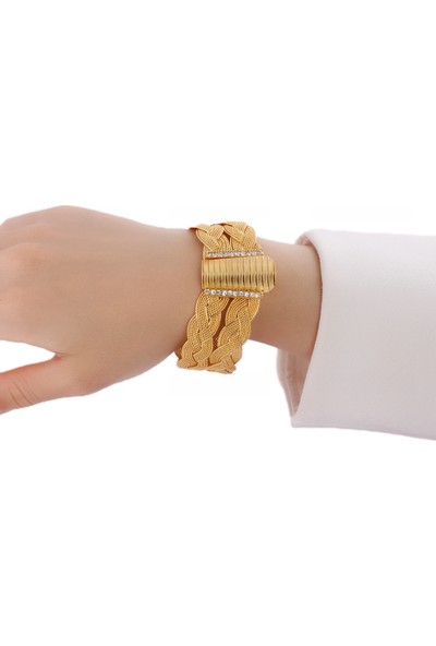 Yıldız Gold 2 Sıra Örgü Desen Beyaz Taşlı Kelepçe