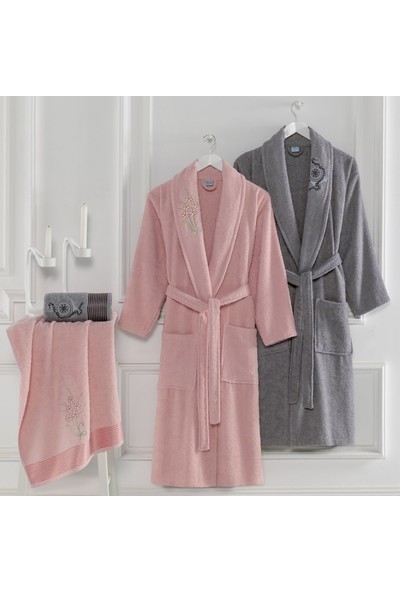 Rebeka Pamuk Bornoz 4 Set Pembe Antrasit Rebeka Pamuk Bornoz 4 Set Pembe Antrasit