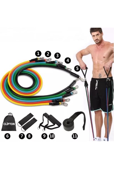 Clifton 11'li Latex Direnç Lastiği Egzersiz Direnç Lastiği Full Set