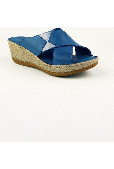 Bellacomfort Shoes Deri Kadın Comfort Terlik - Kot Mavi B020