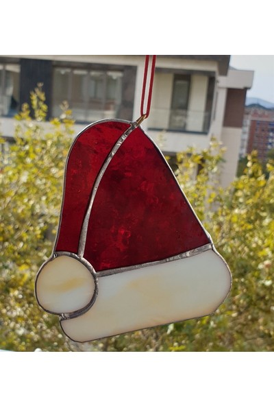 Markakanvas Kırmızı ,beyaz Yılbaşı Şapkası Cam Vitray 12X11CM