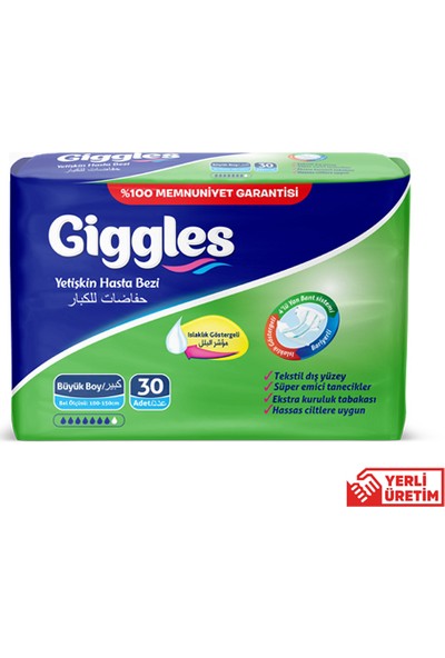 Giggles Yetişkin Hasta Bezi Büyük Boy (Large) 1 Paket (30 Adet) Bel Boy:100 - 150 Cm Giggles Yetişkin Hasta Bezi Büyük Boy (Large) 1 Paket (30 Adet) Bel Boy:100 - 150 Cm