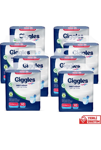Giggles Yetişkin Emici Külot Bez Orta Boy (Medium) 10'lu 8 Paket (80 Adet) Bel Boy 70-120 cm Giggles Yetişkin Emici Külot Bez Orta Boy (Medium) 10'lu 8 Paket (80 Adet) Bel Boy 70-120 cm