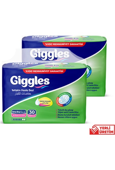 Giggles Yetişkin Hasta Bezi Orta Boy (Medium) 2 Paket (60 Adet) Bel Boy: 85 - 125 Cm Giggles Yetişkin Hasta Bezi Orta Boy (Medium) 2 Paket (60 Adet) Bel Boy: 85 - 125 Cm