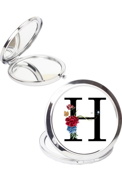 H Harfi Çiçek Desenli Cep Aynası