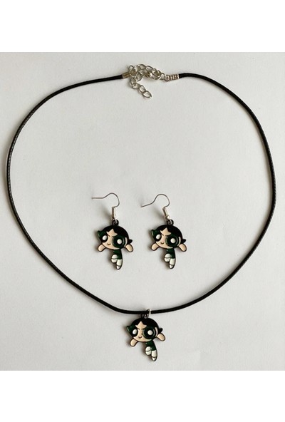 Paytak Moda Powerpuff Girls Buttercup Unisex Deri İp Metal Kolye Küpe Seti Paytak Moda Powerpuff Girls Buttercup Unisex Deri İp Metal Kolye Küpe Seti