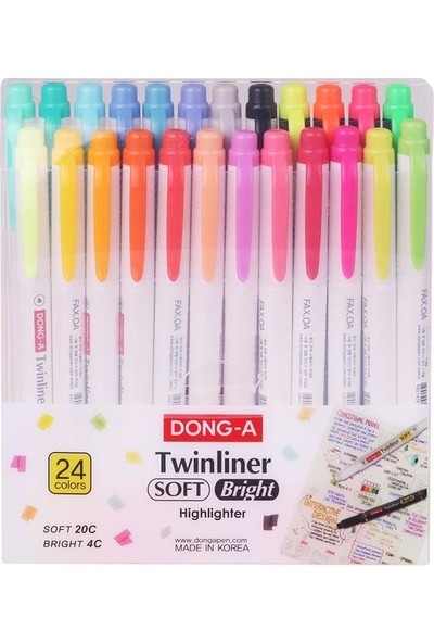 Dong-A Twinliner Soft-Bright Fosforlu Kalem Çift Taraflı 24'lü Dong-A Twinliner Soft-Bright Fosforlu Kalem Çift Taraflı 24'lü
