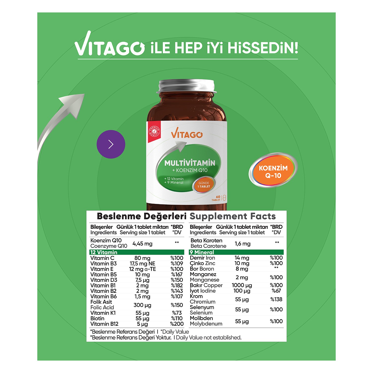 Vitago Premium Multivitamin Koenzim Q-10 60 Tablet Takviye Fiyatı