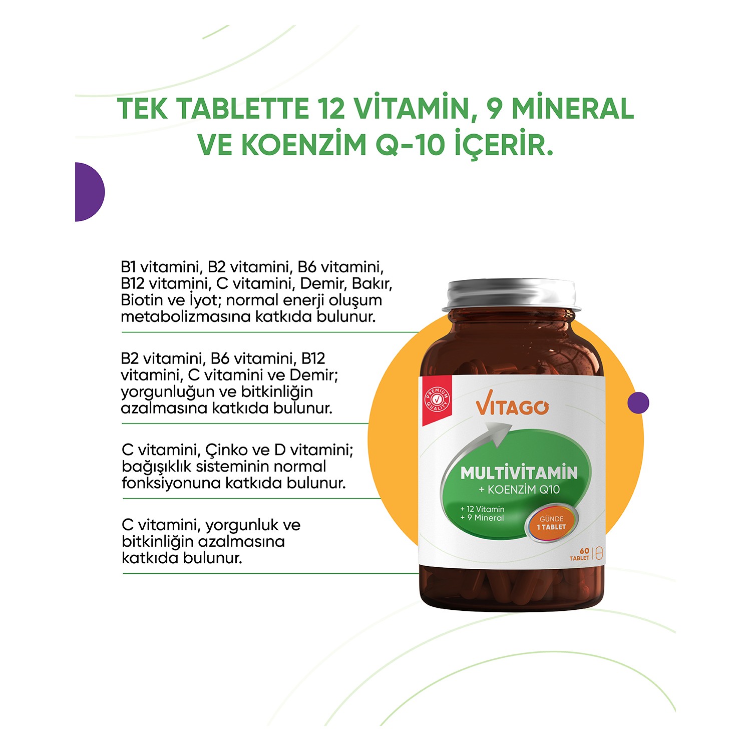 Vitago Premium Multivitamin Koenzim Q-10 60 Tablet Takviye Fiyatı