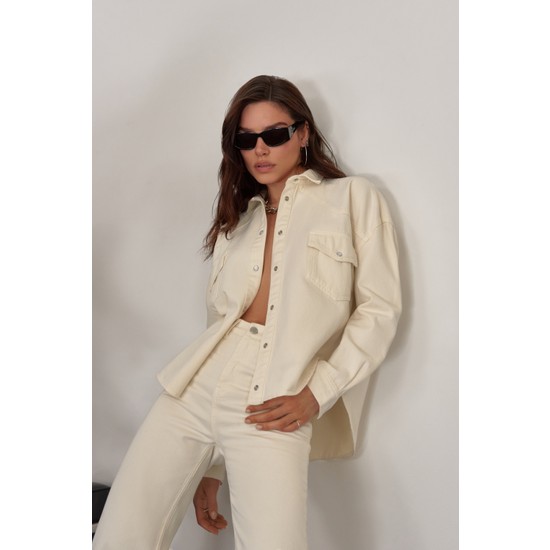 TopTop Studio Kadın Beyaz Oversize Denim Gömlek / Bol Rahat Fiyatı