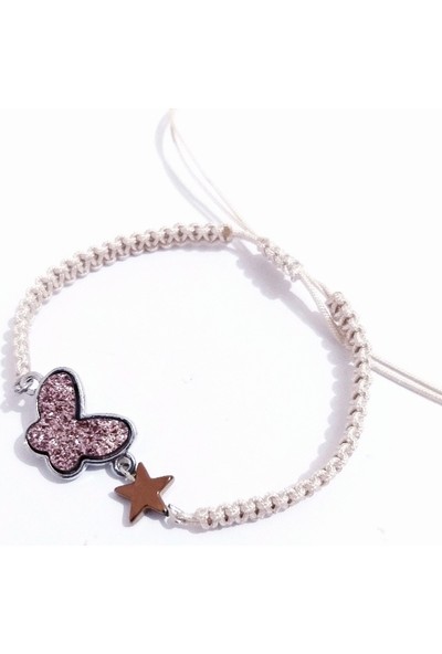 Funny Takı Bakır Rengi Hematit Yıldızlı Pırıltılı Kelebek Krem Rengi Makrome Bileklik