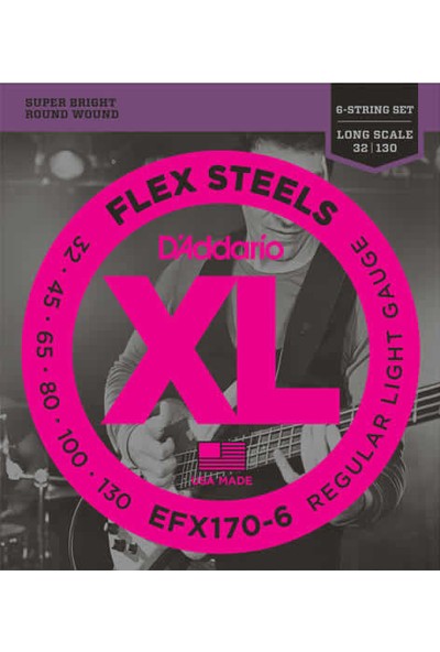 D'Addario EFX170-6 Flexsteels 6-String Bass- Light- 32-130- Long Scale Takım Tel 6 Telli Bas Gitar Teli 032-130 D'Addario EFX170-6 Flexsteels 6-String Bass- Light- 32-130- Long Scale Takım Tel 6 Telli Bas Gitar Teli 032-130