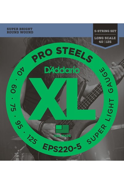 D'Addario EPS220-5 Prosteels 5-String Bass- Super Light- 40-125- Long Scale Takım Tel 5 Telli Bas Gitar Teli 040-125 D'Addario EPS220-5 Prosteels 5-String Bass- Super Light- 40-125- Long Scale Takım Tel 5 Telli Bas Gitar Teli 040-125