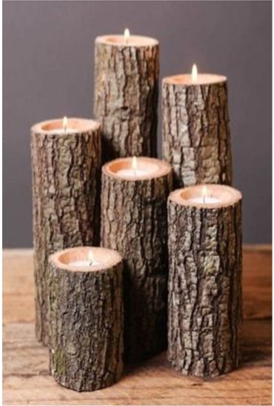 Woodbackproduct Dekoratif Dilim Kütük Mumluk 6'lı