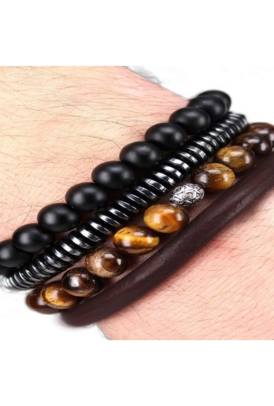 Atlantis Kaplan Gözü,oniks , Hematit Doğal Taş ve Deri Erkek Bileklik Kombin Atlantis Kaplan Gözü,oniks , Hematit Doğal Taş ve Deri Erkek Bileklik Kombin