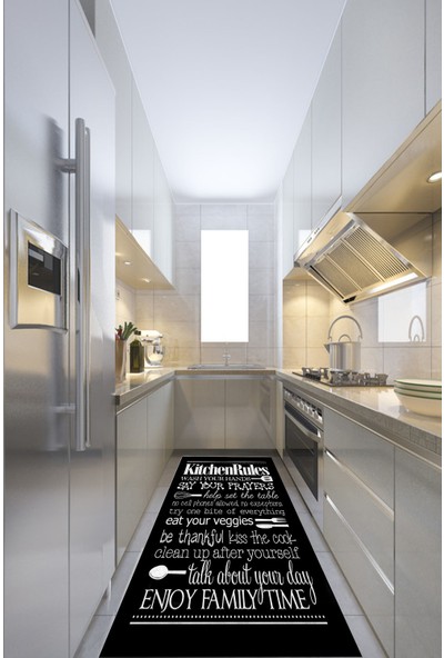 Cappio Halı Yazılı Siyah Mutfak Halısı (Makinada Yıkanabilir) - CP302