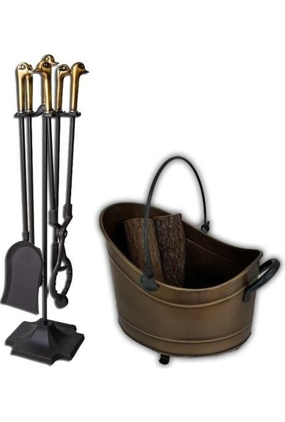 Kocherhome Şömine Maşa ve Kova Set Antik Eskitme