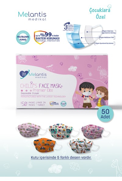 Morven Melantis Medikal Meltblownlu 3 Katlı Telli Cerrahi Maske Kız Çocuk 1 Kutu = 50 Adet Renkli Morven Melantis Medikal Meltblownlu 3 Katlı Telli Cerrahi Maske Kız Çocuk 1 Kutu = 50 Adet Renkli
