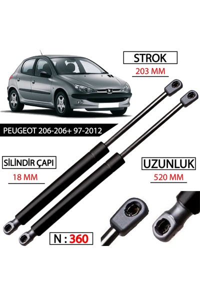 Vtskörük Peugeot 206-206+ Bagaj Amortisörü 1997-2012 Takım 2 Adet Vtskörük Peugeot 206-206+ Bagaj Amortisörü 1997-2012 Takım 2 Adet