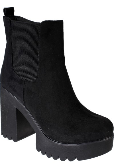 Yaz Kış Ayakkabı Florin Kadın Siyah 12CM Platform Topuklu Lastikli Fermuarlı Bot
