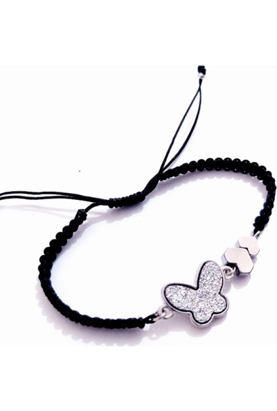 Funny Takı Gümüş Rengi Hematit Kalpli Pırıltılı Kelebek Bileklik
