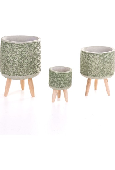 Veramaya Ayaklı 3 Lü Set Yıldız Desenli Yeşil Beton Saksı