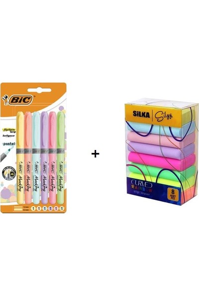 Bic 992561 Brite Liner Grip Pastel Fosforlu Kalem 6'lı + Silka Curved Rainbow Neon Pastel Silgi 8'li Bic 992561 Brite Liner Grip Pastel Fosforlu Kalem 6'lı + Silka Curved Rainbow Neon Pastel Silgi 8'li