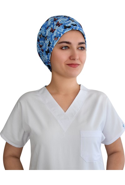 Nur Ortopedi Buz Mavisi Kelebekler Temalı Cerrahi Doktor Hemşire Bonesi
