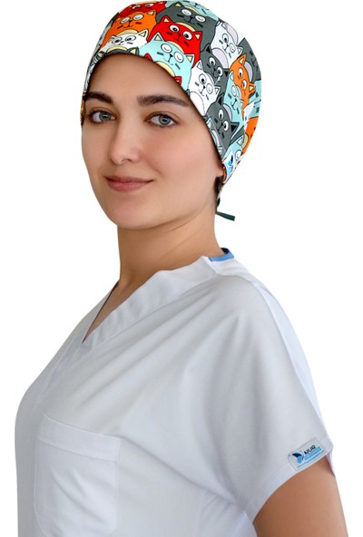 Nur Ortopedi Turuncu Kediler Temalı Cerrahi Doktor Hemşire Bonesi