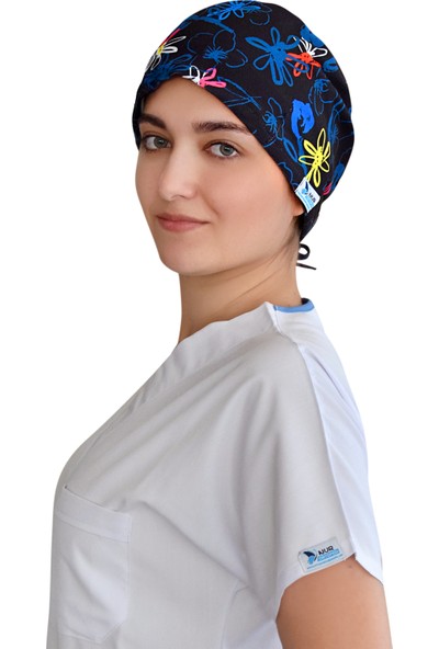 Nur Ortopedi Lacivert Çiçekler Temalı Doktor Hemşire Bonesi