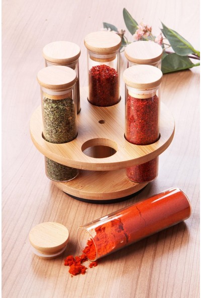 Balsa 7 Parça Dönerli Bambu Standlı Baharatlık